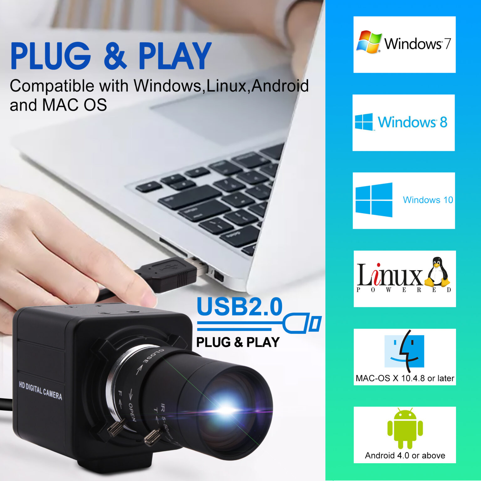 ELP 4K 3840×2160 USB Webcam 5-50mm Manual Varifocus Lens Mini PC Web ...