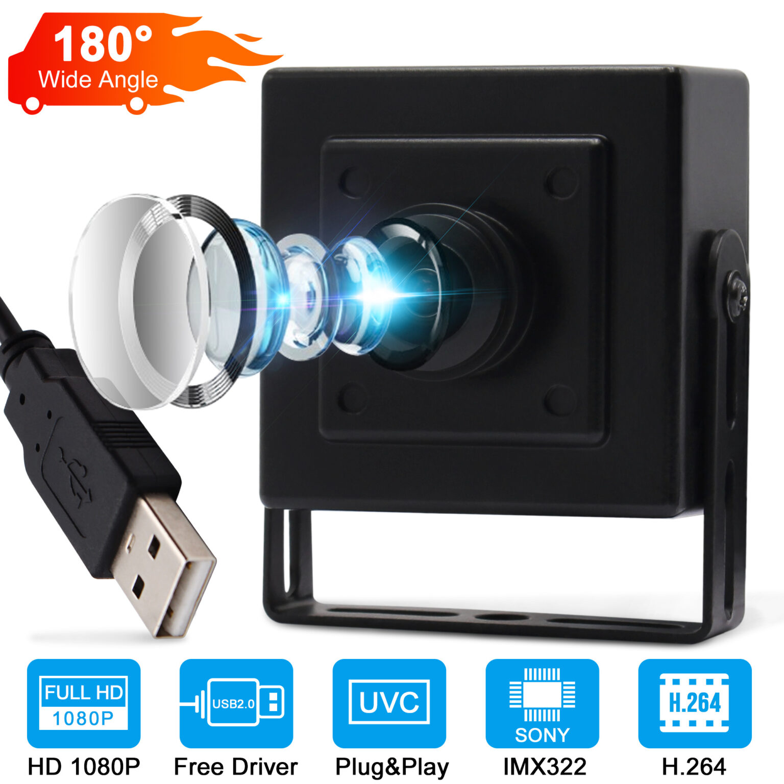 ELP Wide Angle 2MP 1080P CMOS Sony IMX322 USB Camera With 180 Degree ...